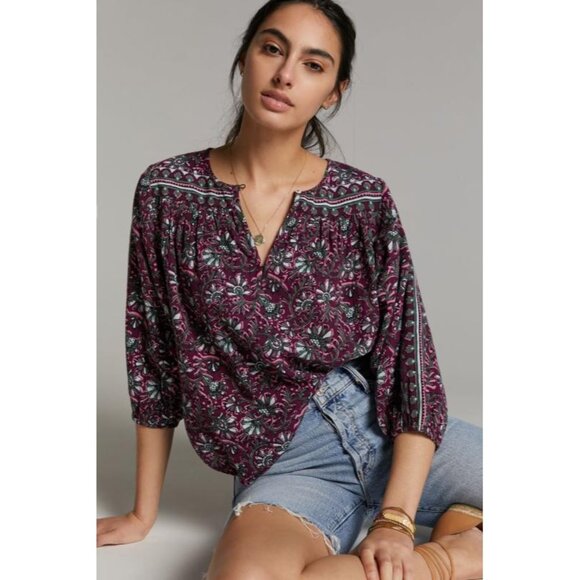 Omika | Tops | Omika Floral Peasant Blouse Womens Xs 34 Sleeve Purple ...